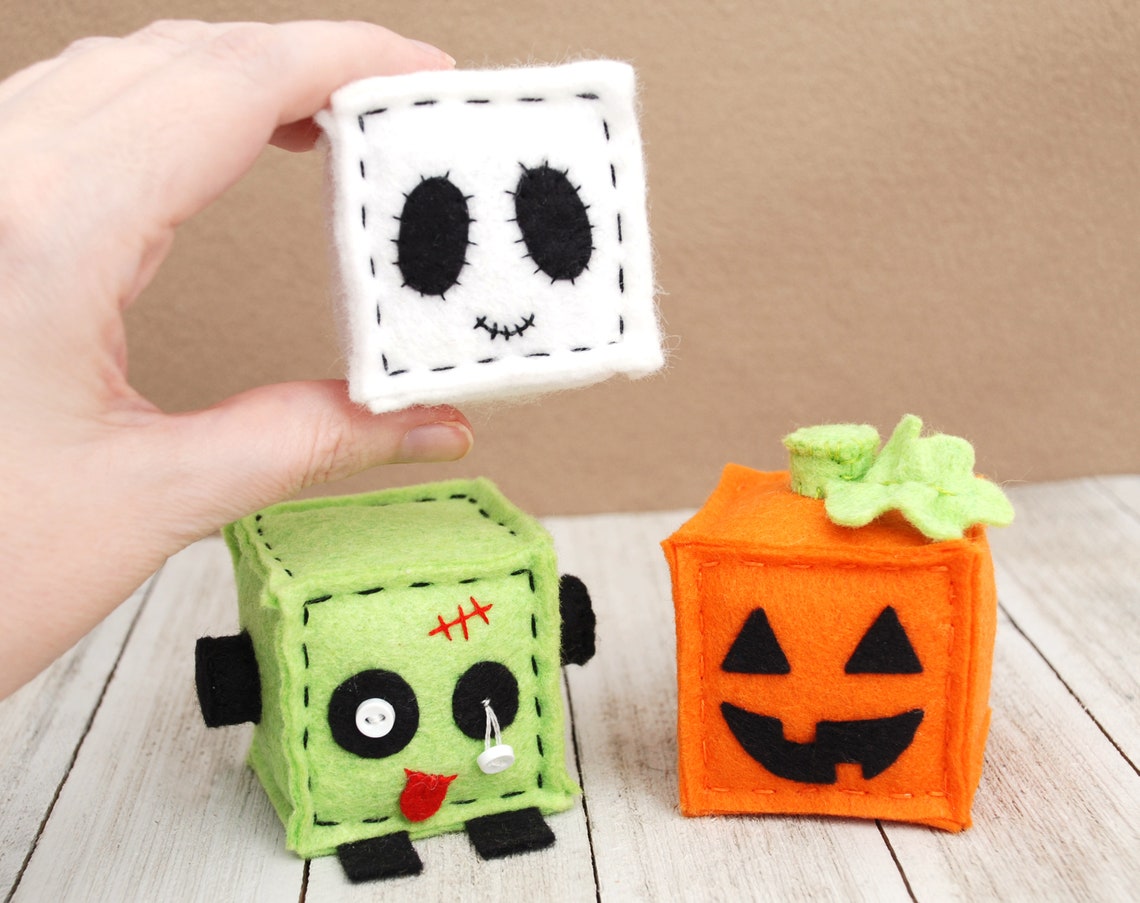 Halloween Felt Cube Plush Trio – Handmade Zombie, Ghost, Jack O'lantern ...