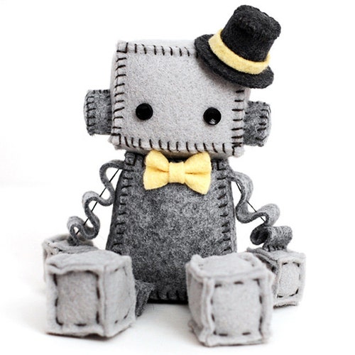 Gray Plush Felt Robot With Top Hat and Yellow Bow Tie Robot - Etsy