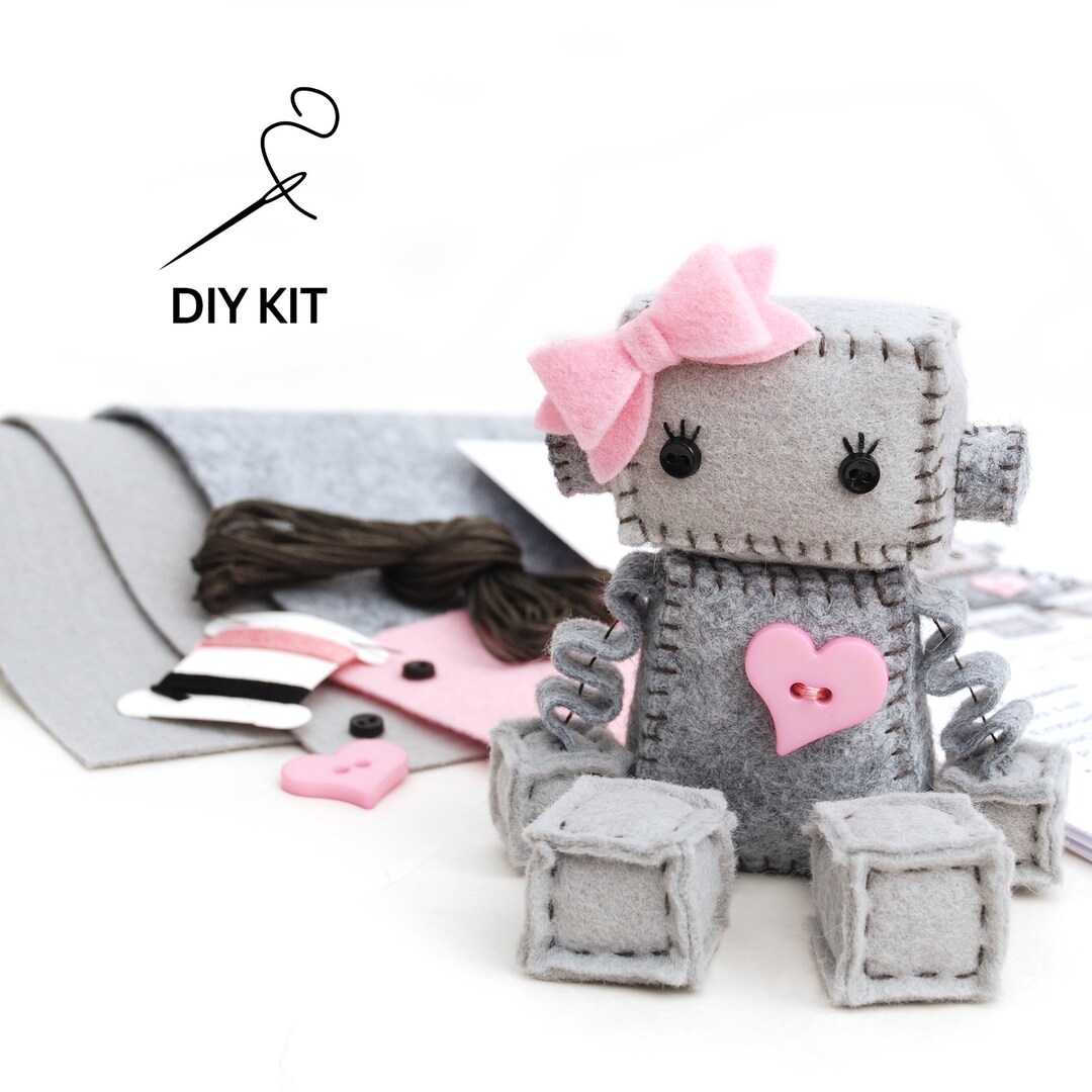 Sewing Kit for a Plush Robot With a Pink Heart and Bow DIY Felt Kit ...