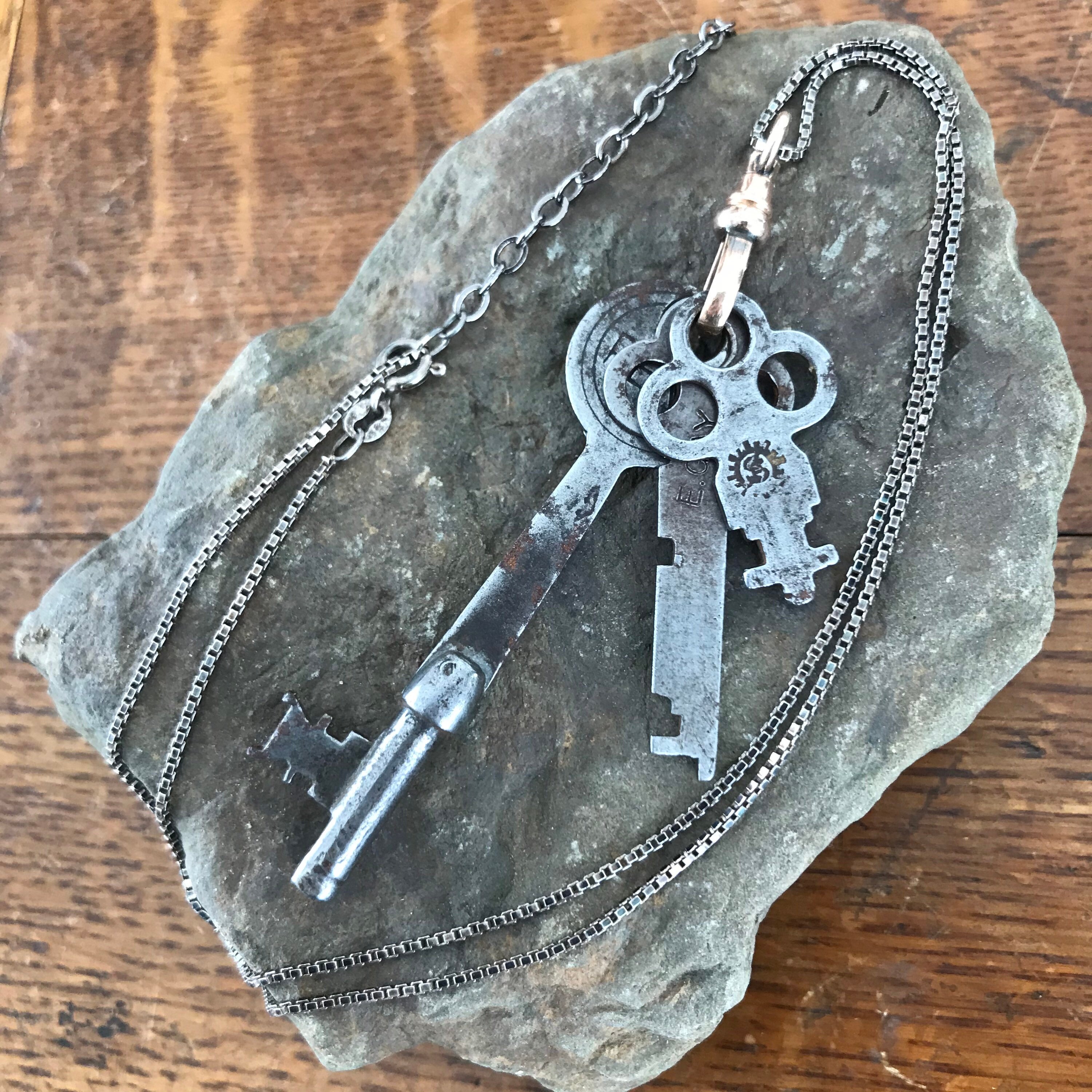 Gunmetal Silver and Rose Gold Fob Necklace - Vintage Industrial Chic - Etsy