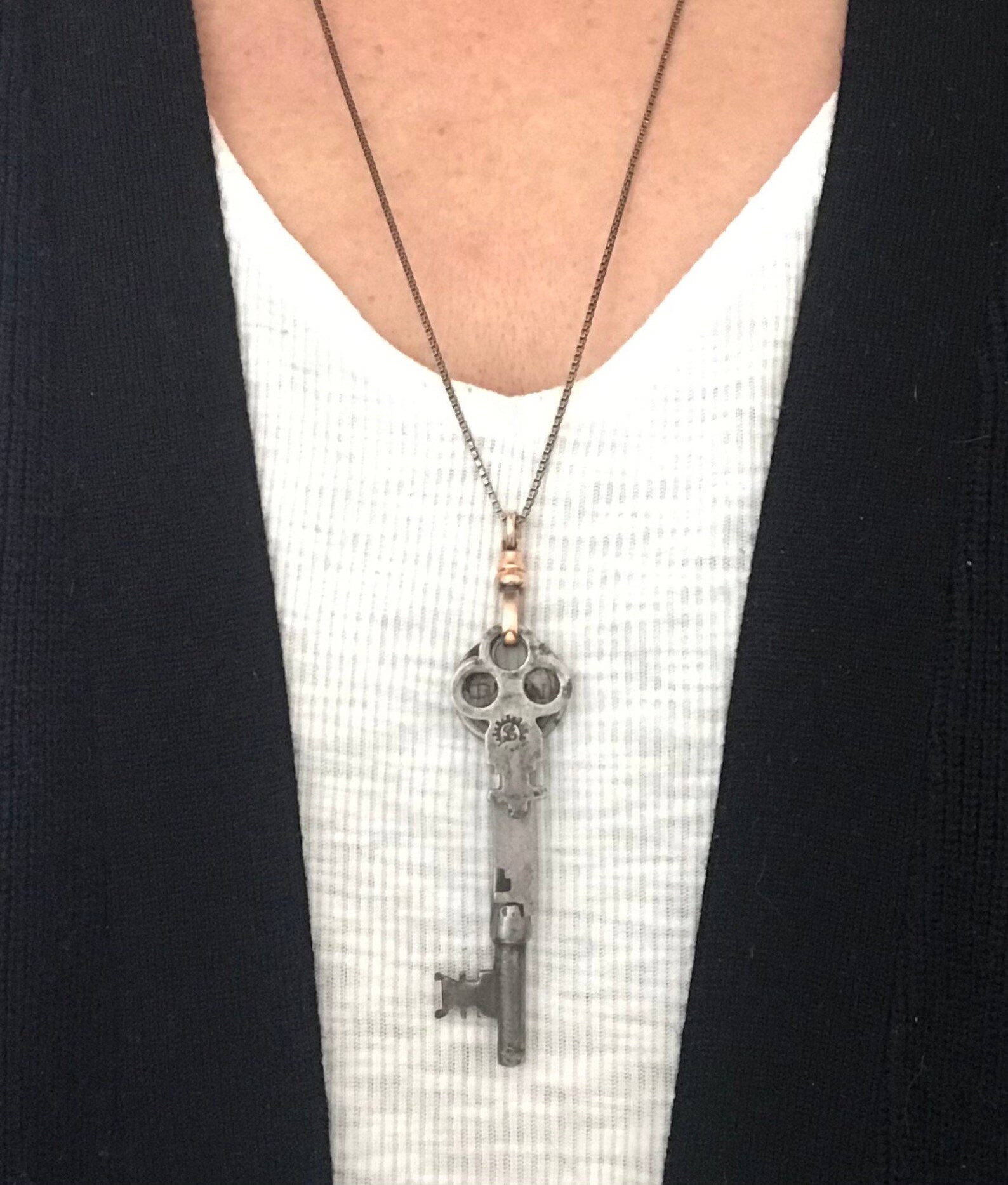 Gunmetal Silver and Rose Gold Fob Necklace - Vintage Industrial Chic - Etsy