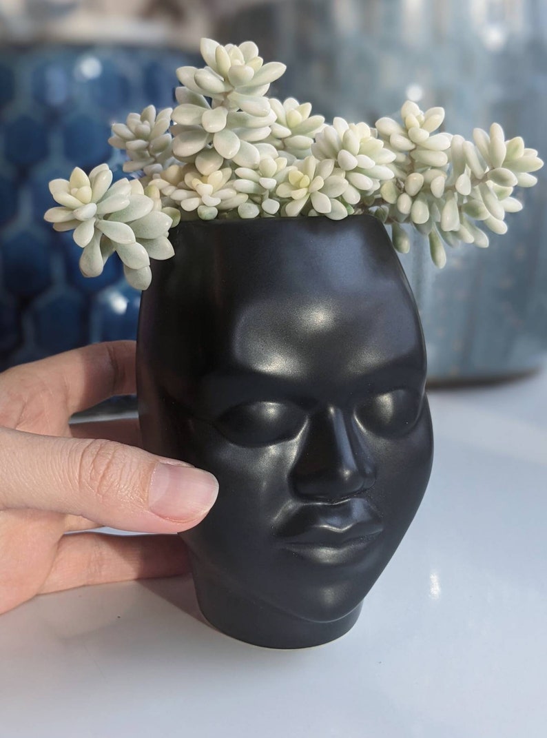 Female Head Face Ceramic Planter Pot Black Small With Drainage Hole 2. ...