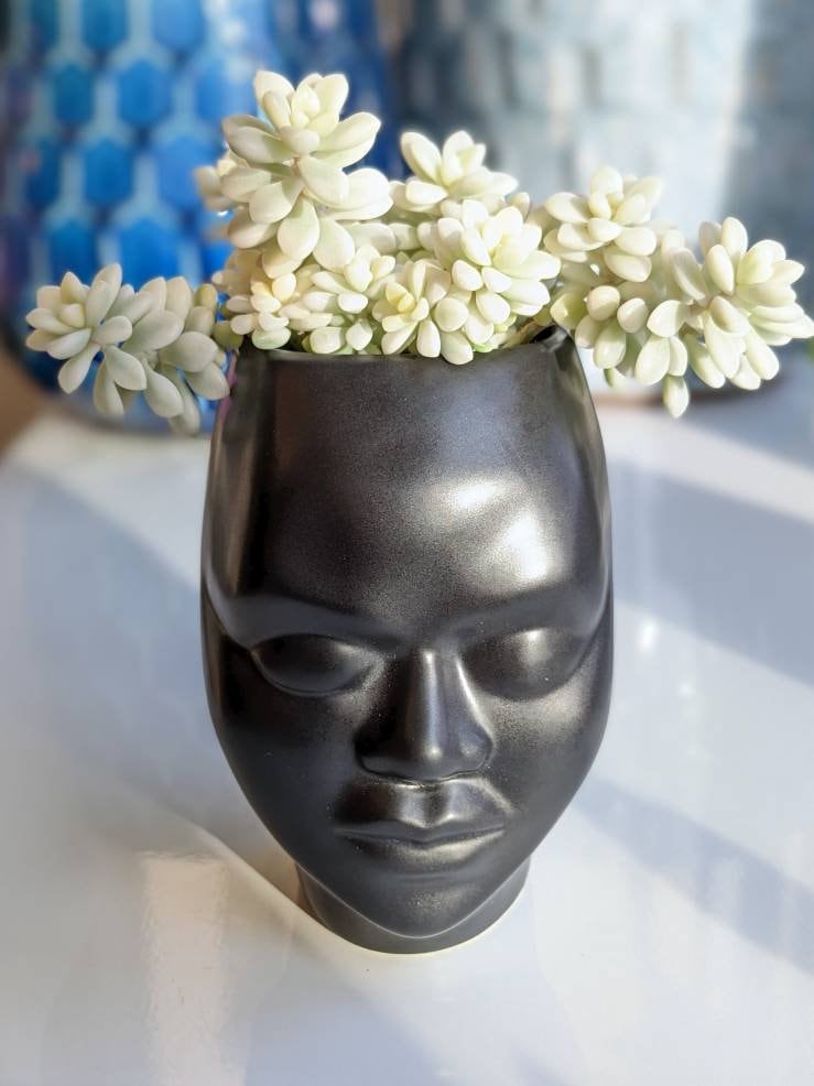 Female Head Face Ceramic Planter Pot Black Small With Drainage Hole 2. ...