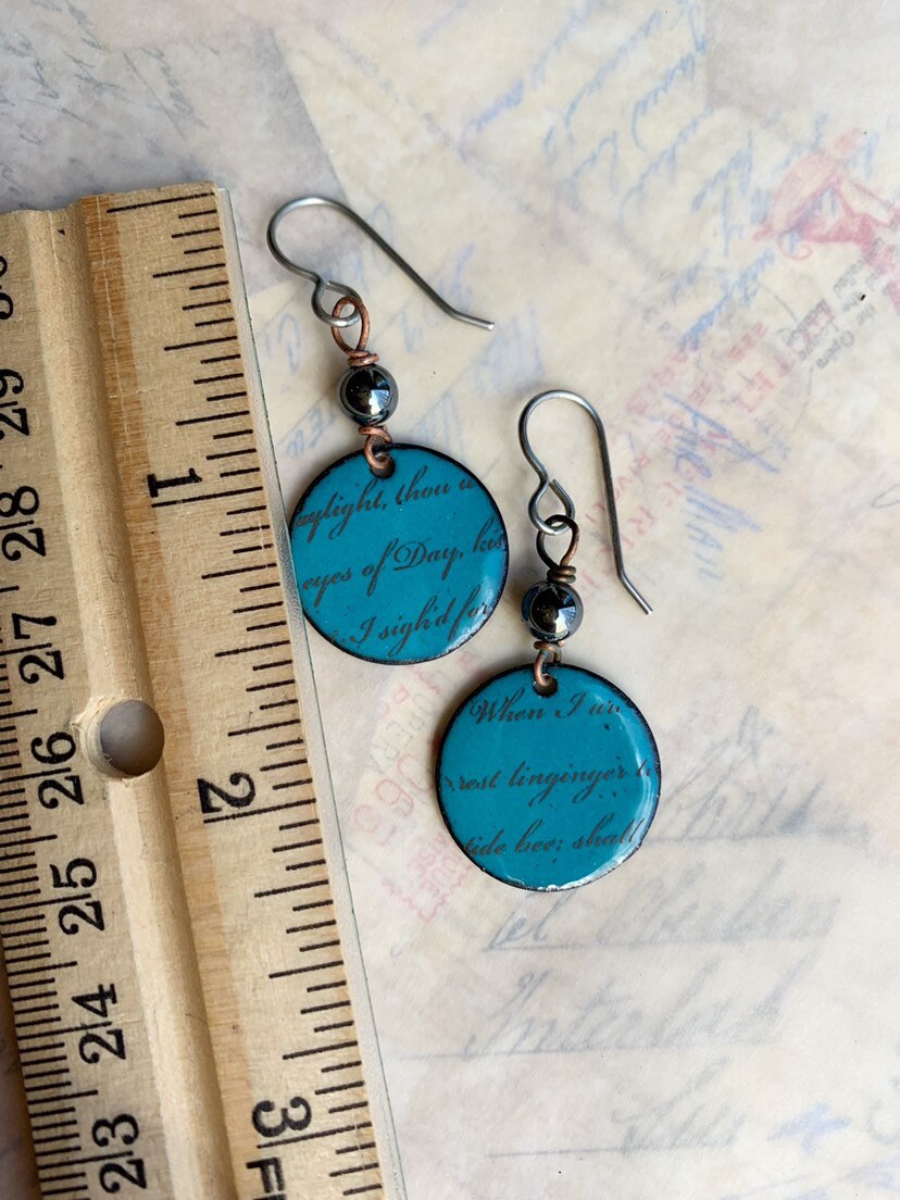 Poetry Reading Words Enameled Sapphire Blue Earrings Designed - Etsy