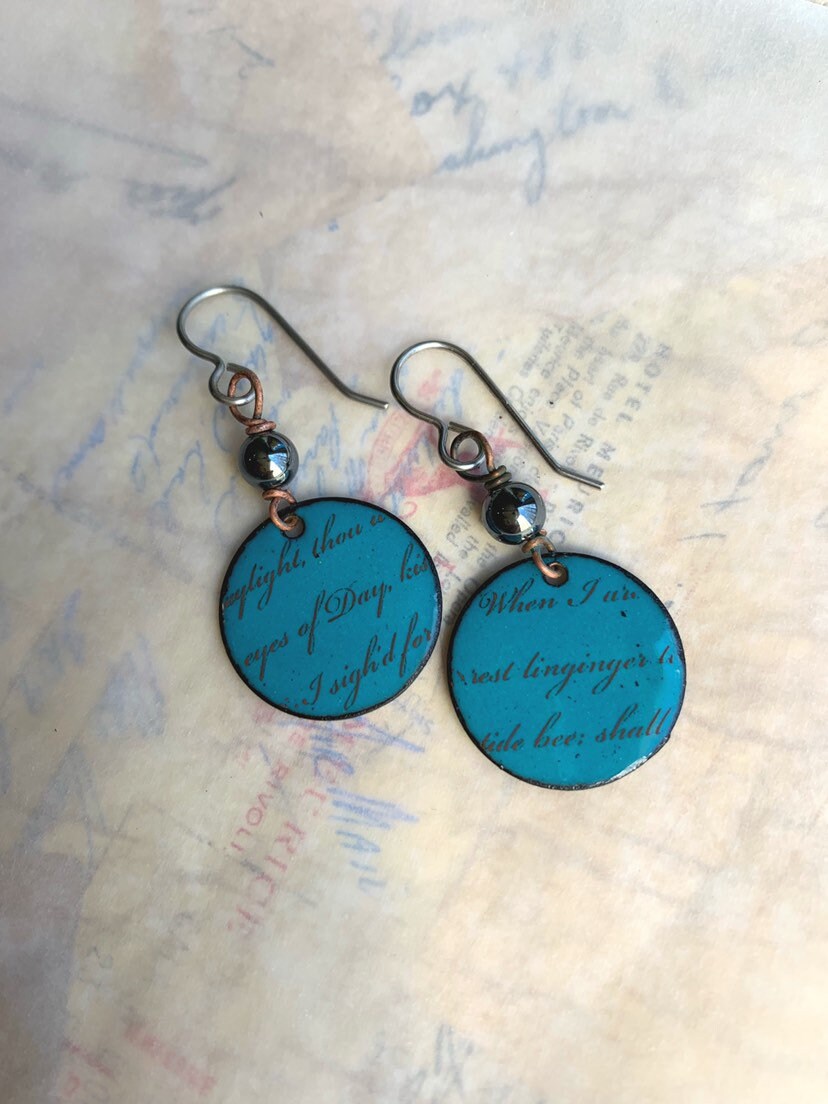 Poetry Reading Words Enameled Sapphire Blue Earrings Designed - Etsy