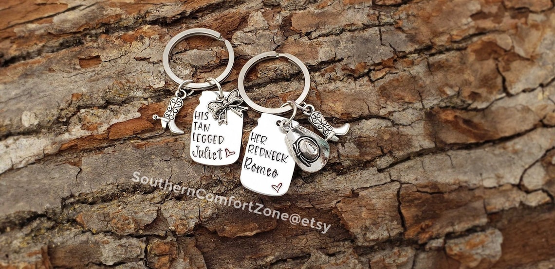 Mason Jar Keychains - His Tan Legged Juliet - Her Redneck Romeo - His ...