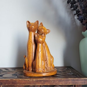 Vintage Wood Cat Trio Statue Teak Wood Cat Family Hand - Etsy