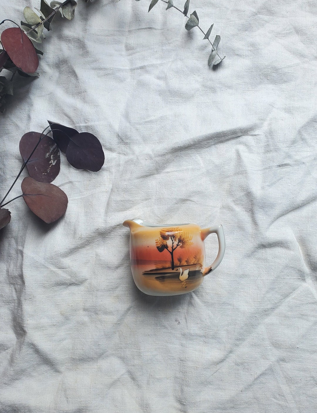 Vintage Porcelain Creamer, Japan Painted Sunset Creamer, Porcelain ...