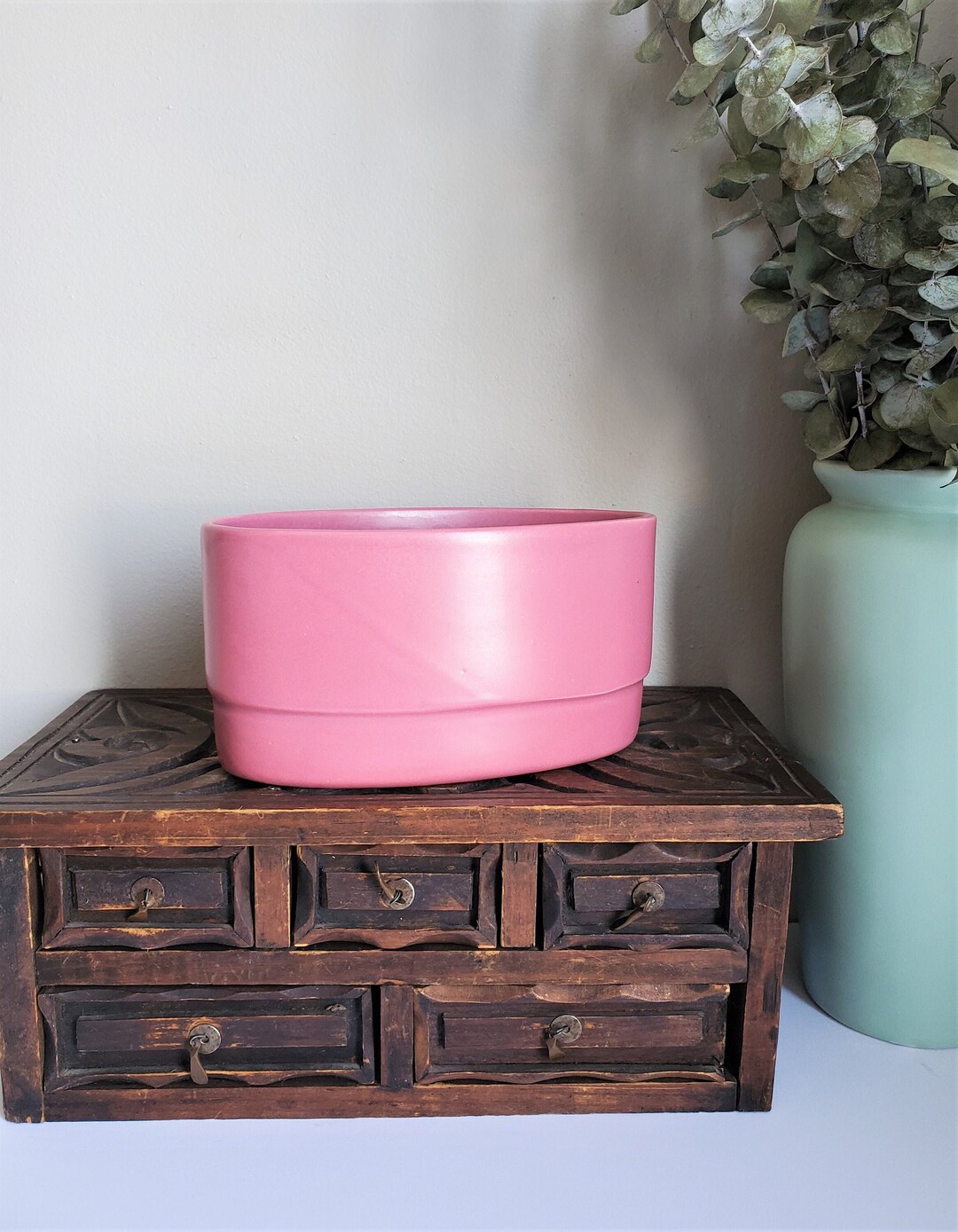 Vintage Mid Century Pink Planter, Pink Ceramic Oval Planter, Mid ...