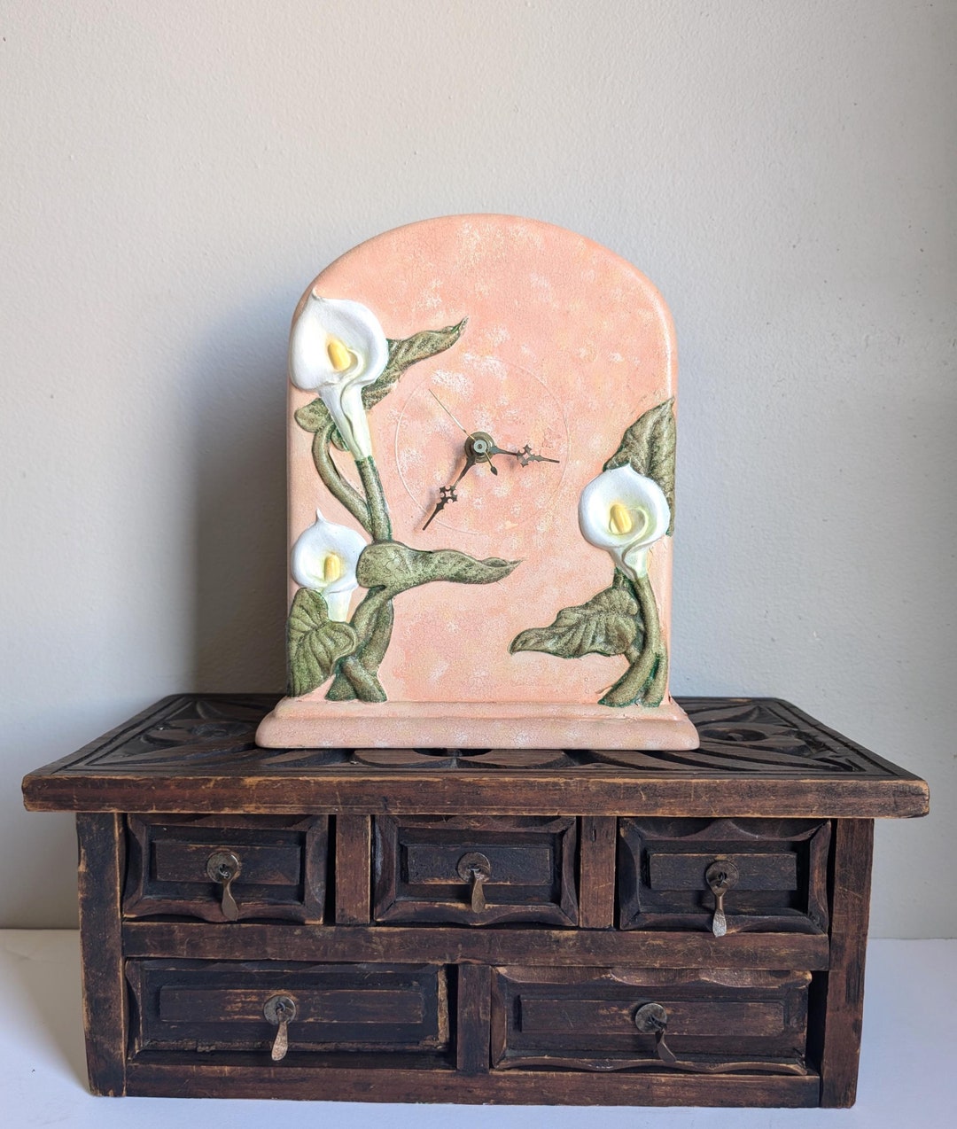 Vintage Ceramic Clock With Calla Lily Design, Floral Pottery Desk Clock ...