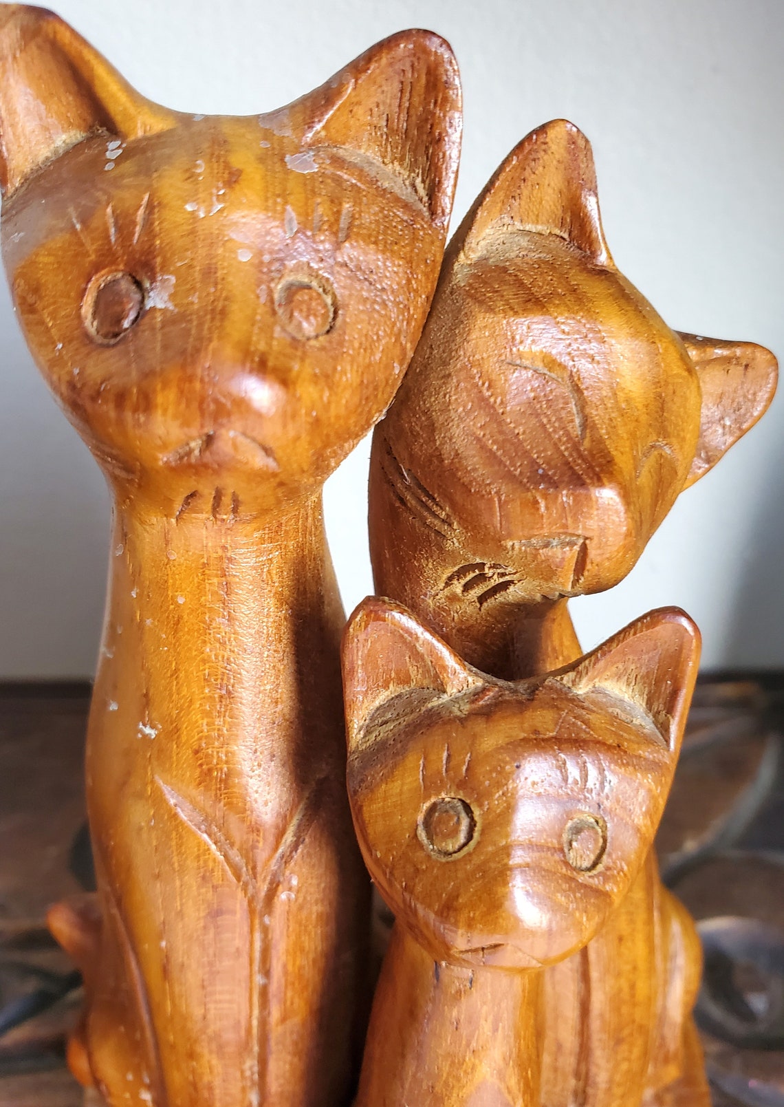 Vintage Wood Cat Trio Statue Teak Wood Cat Family Hand - Etsy
