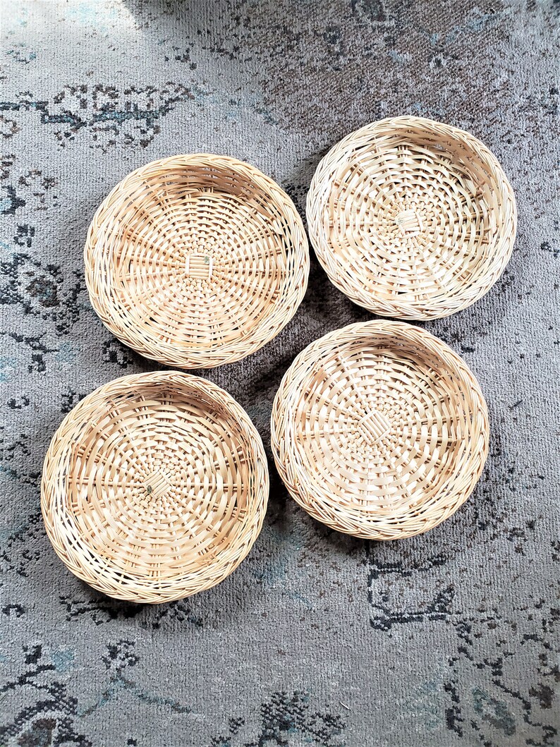 Vintage Flat Woven Basket Set Set of 4 Woven Chargers Basket - Etsy