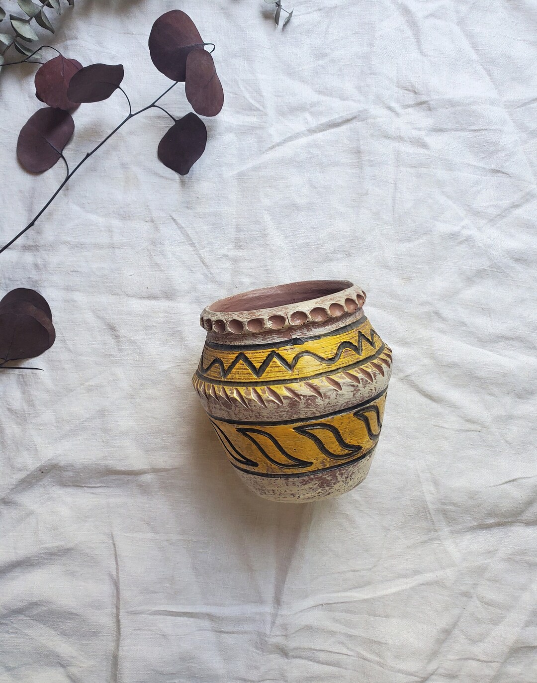 Vintage Hand Carved Pottery Pot , Pottery Planter, Carved Pottery ...