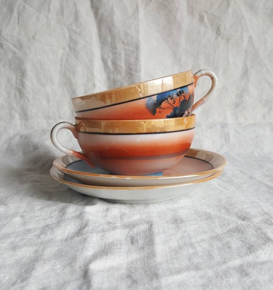 Vintage Lusterware Teacup Set, Sunset Lusterware, Porcelain Teacups and ...