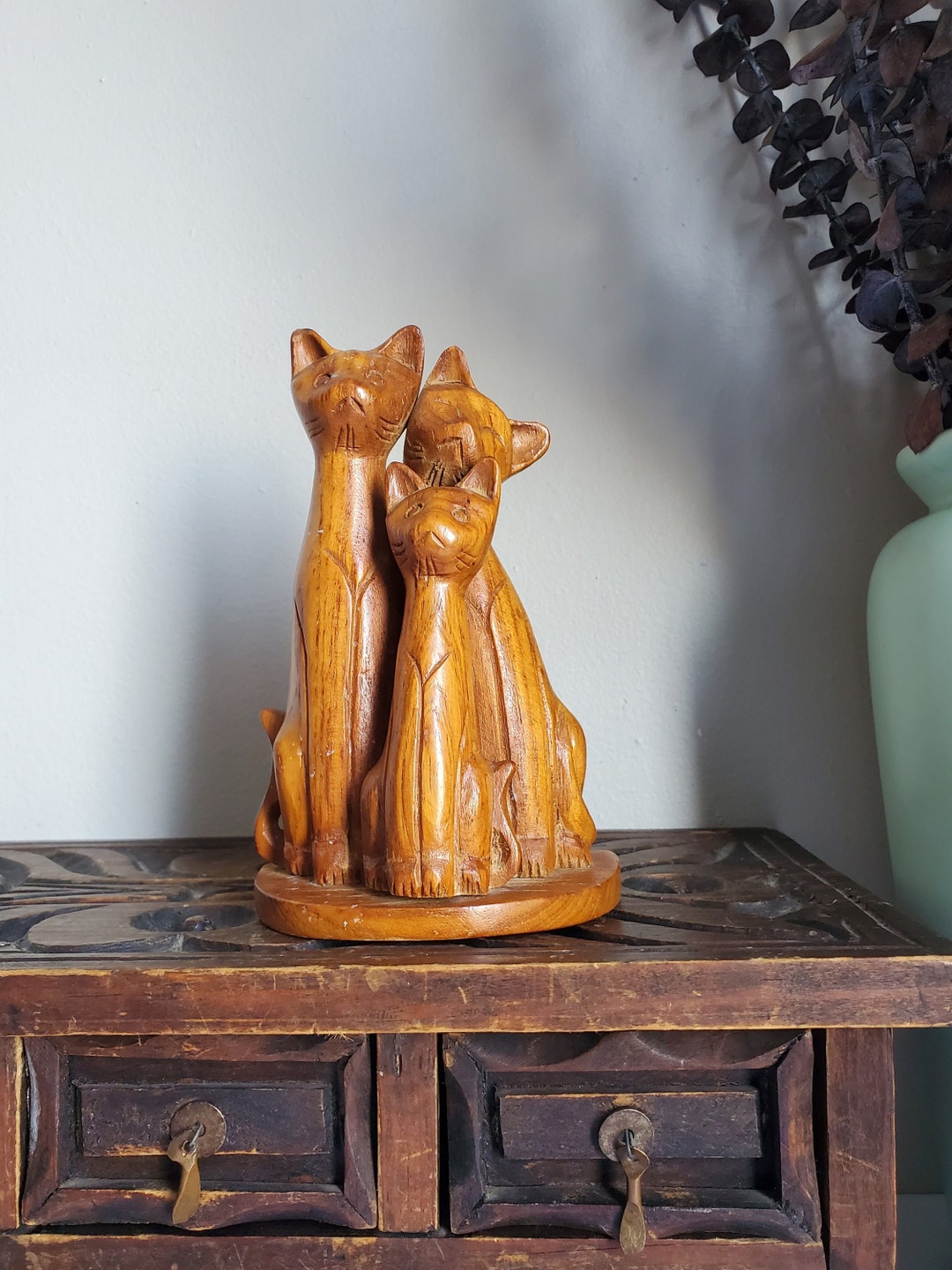 Vintage Wood Cat Trio Statue Teak Wood Cat Family Hand - Etsy