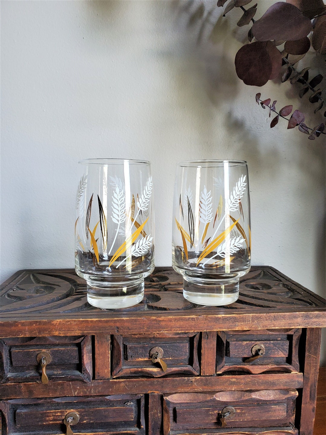 Pair of Vintage White & Gold Wheat Glasses | Mid Century Barware ...