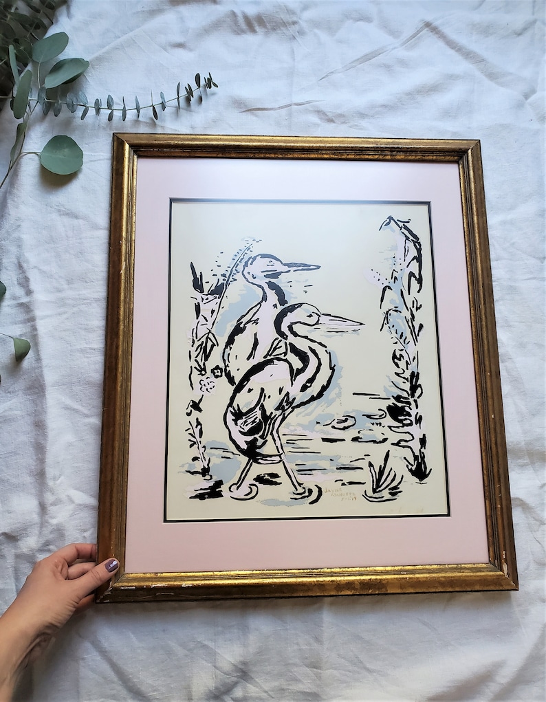 Stampa vintage di airone / Cornice dorata, passepartout rosa ...