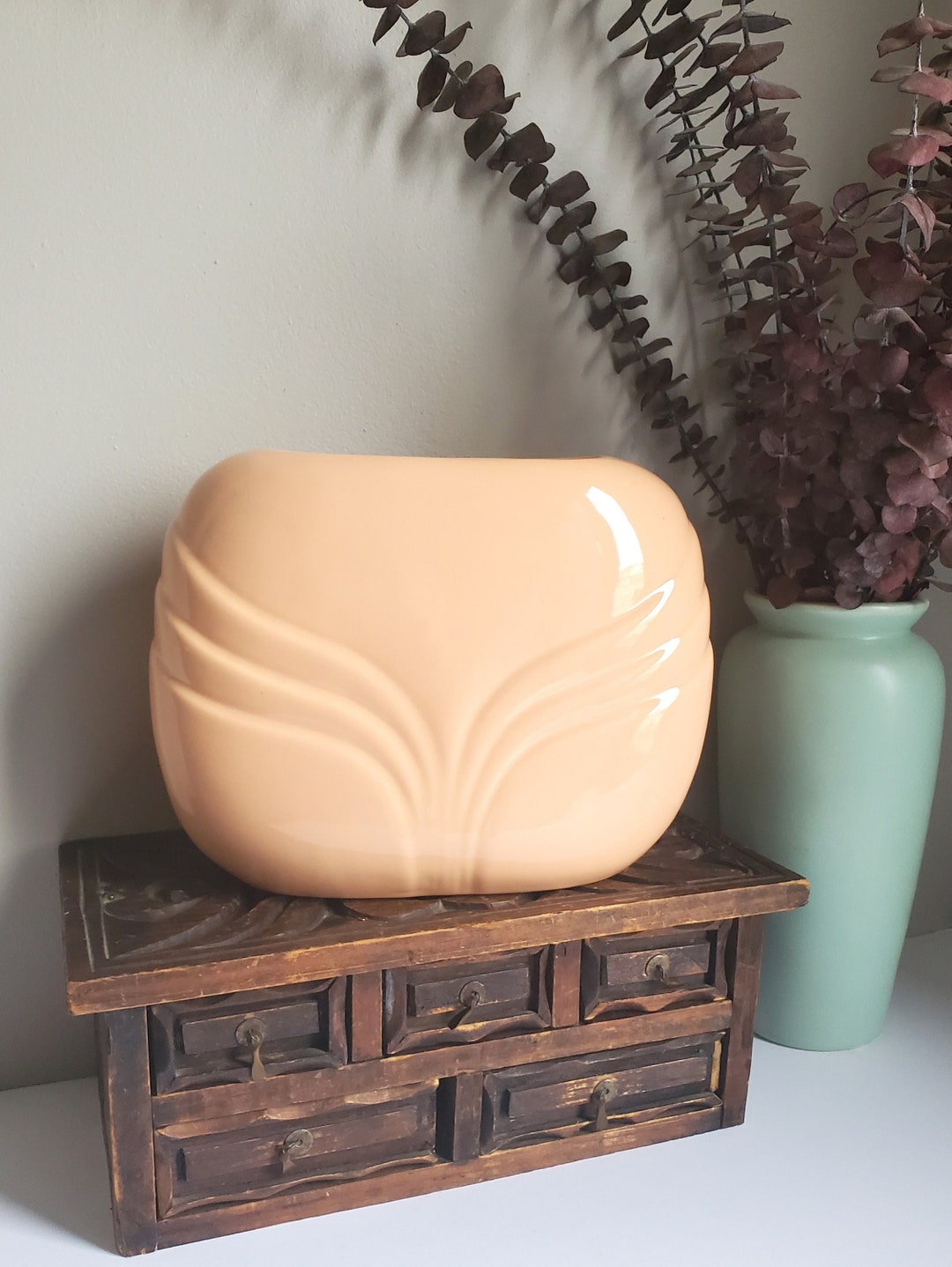 Vintage Peach Art Deco Vase, Draped Vase, Large Peach Ceramic Vase ...