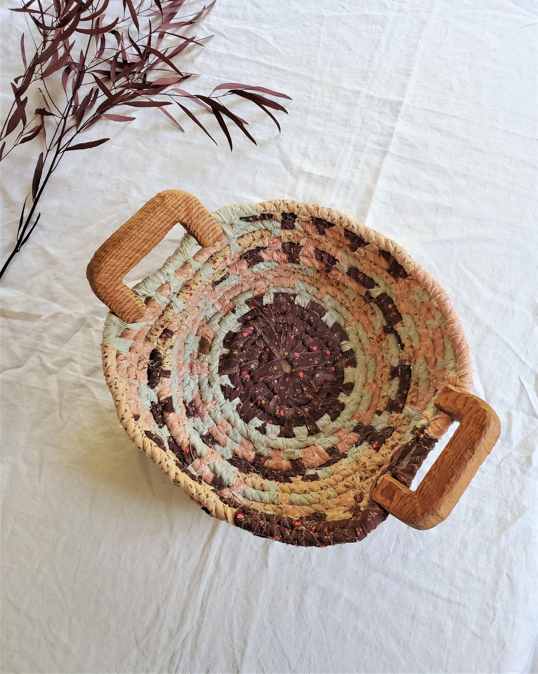 Vintage Large Handmade Rag Basket With Wooden Handles | Fabric Woven ...
