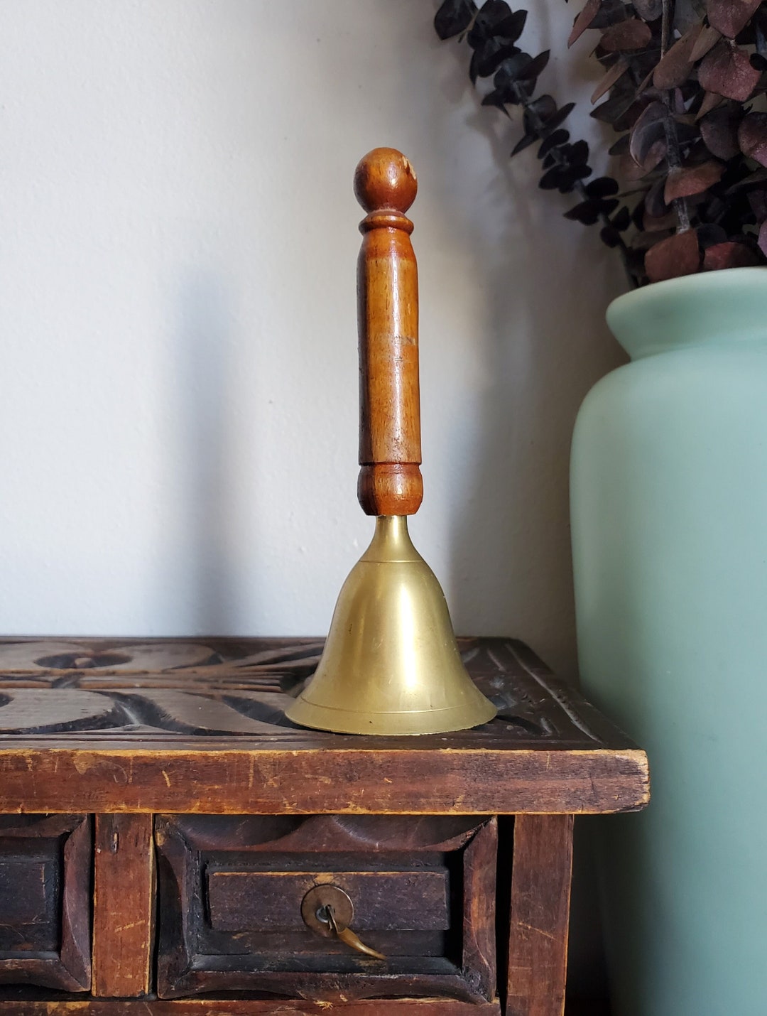 Vintage Brass Bell, Wood Handle Brass Bell, Brass Dinner Bell, Brass ...