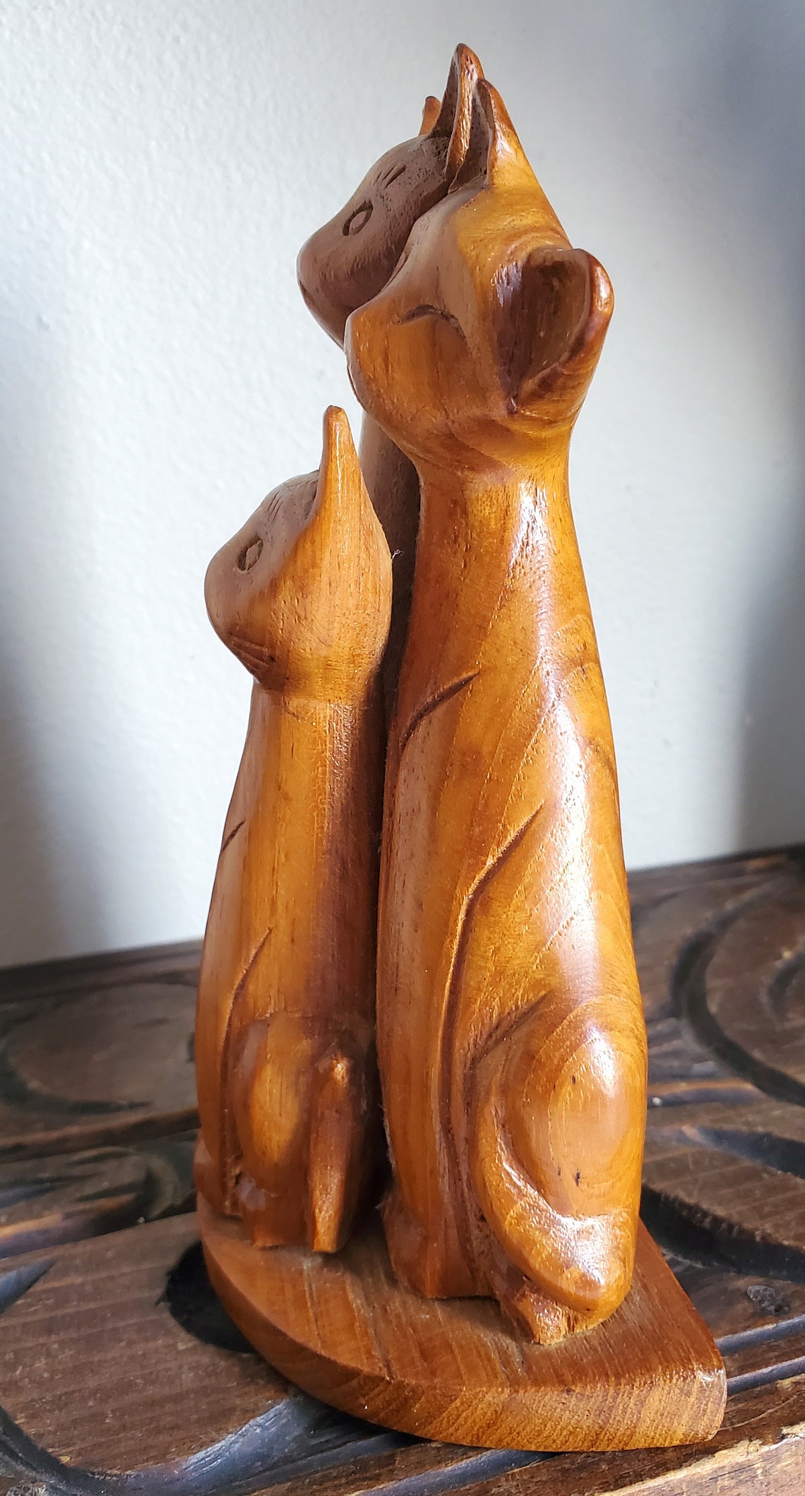 Vintage Wood Cat Trio Statue Teak Wood Cat Family Hand - Etsy