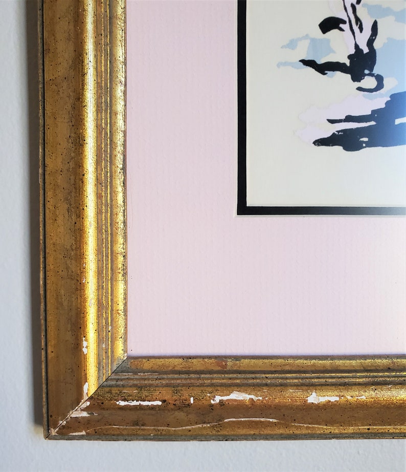 Stampa vintage di airone / Cornice dorata, passepartout rosa ...