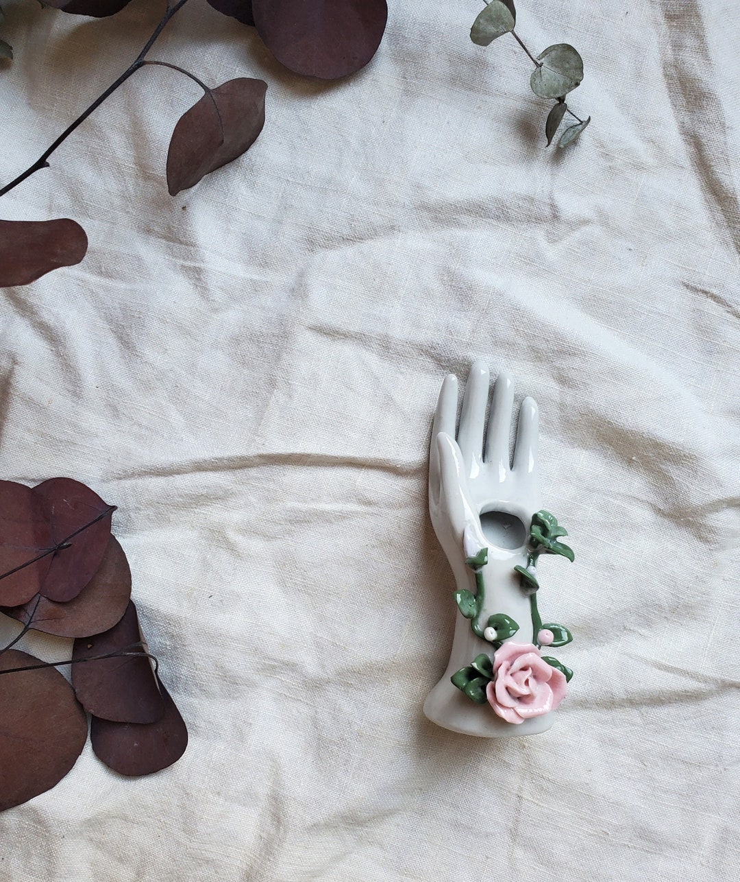 Vintage Porcelain Hand Vase, Hand Ring Holder, Ceramic Hand With Flowers, Ceramic Pottery Hand ...