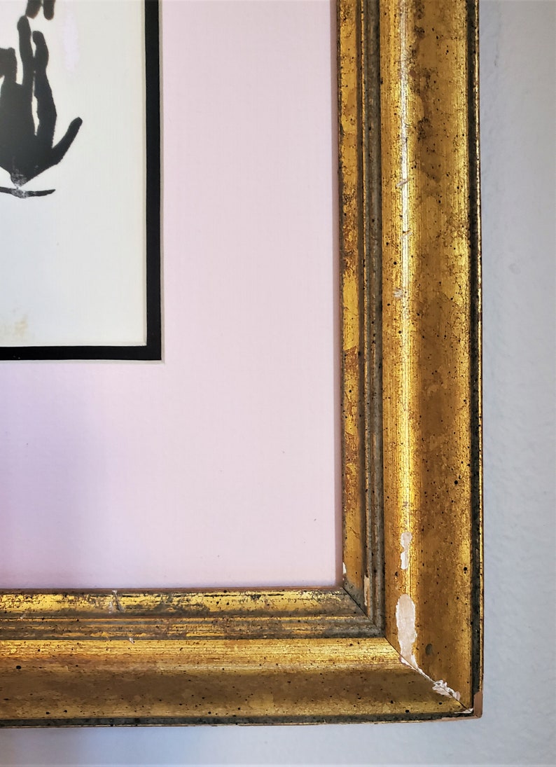 Stampa vintage di airone / Cornice dorata, passepartout rosa ...