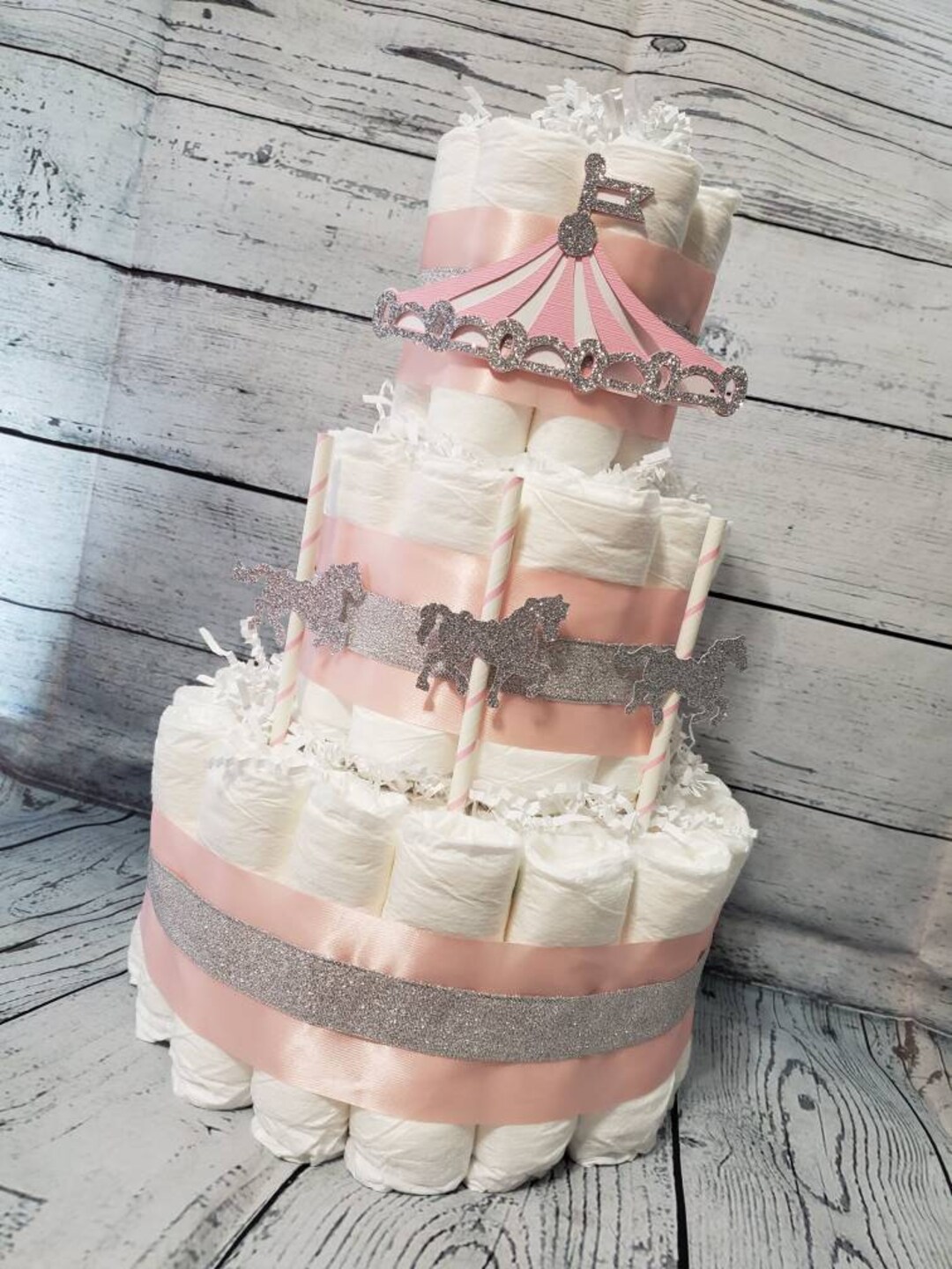 Carousel Diaper Cake: Pink, White & Gold Baby Shower Centerpiece - Etsy