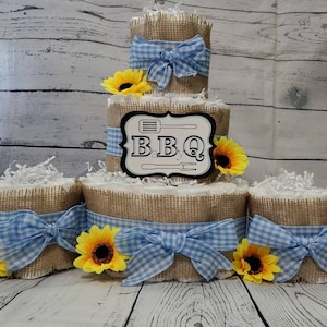 3 Tier Diaper Cake and Mini 3 Piece Set BBQ Baby Q Diaper Cake Burlap ...