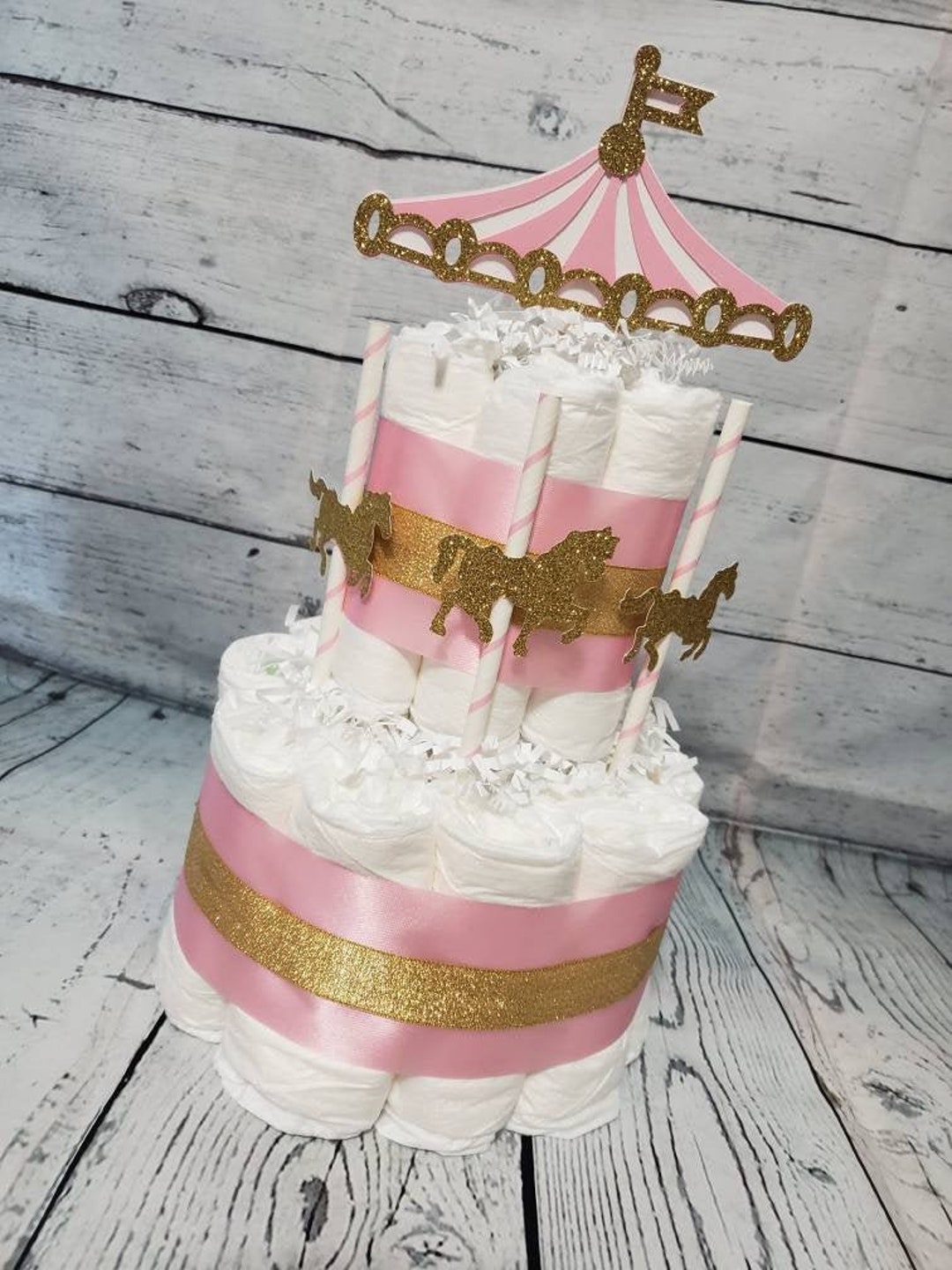 Carousel Diaper Cake: Pink, White & Gold Horses - Baby Shower ...