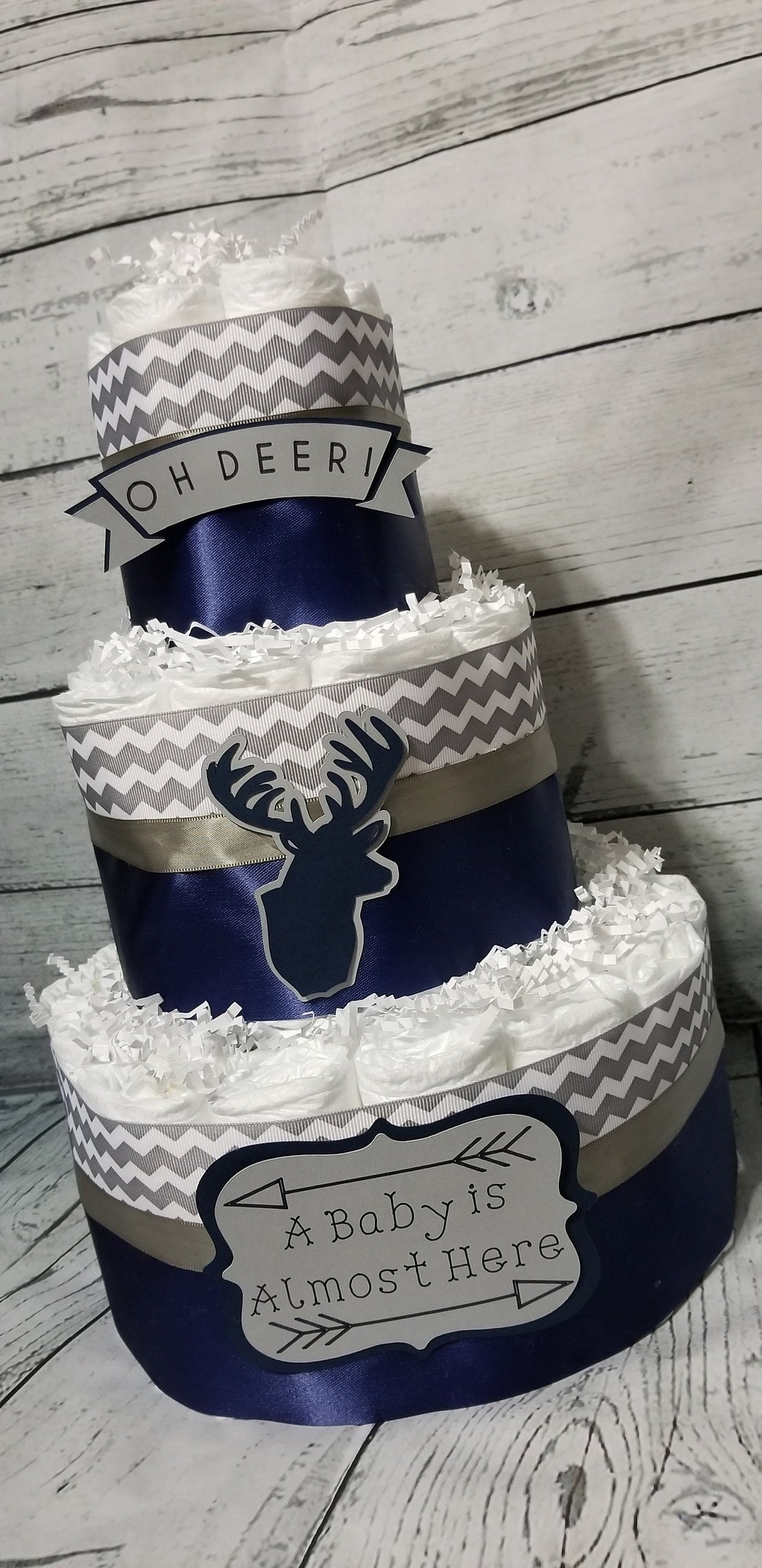 3 Tier Diaper Cake Oh Deer Burlap Brown Red and Navy Blue Silver Diaper ...