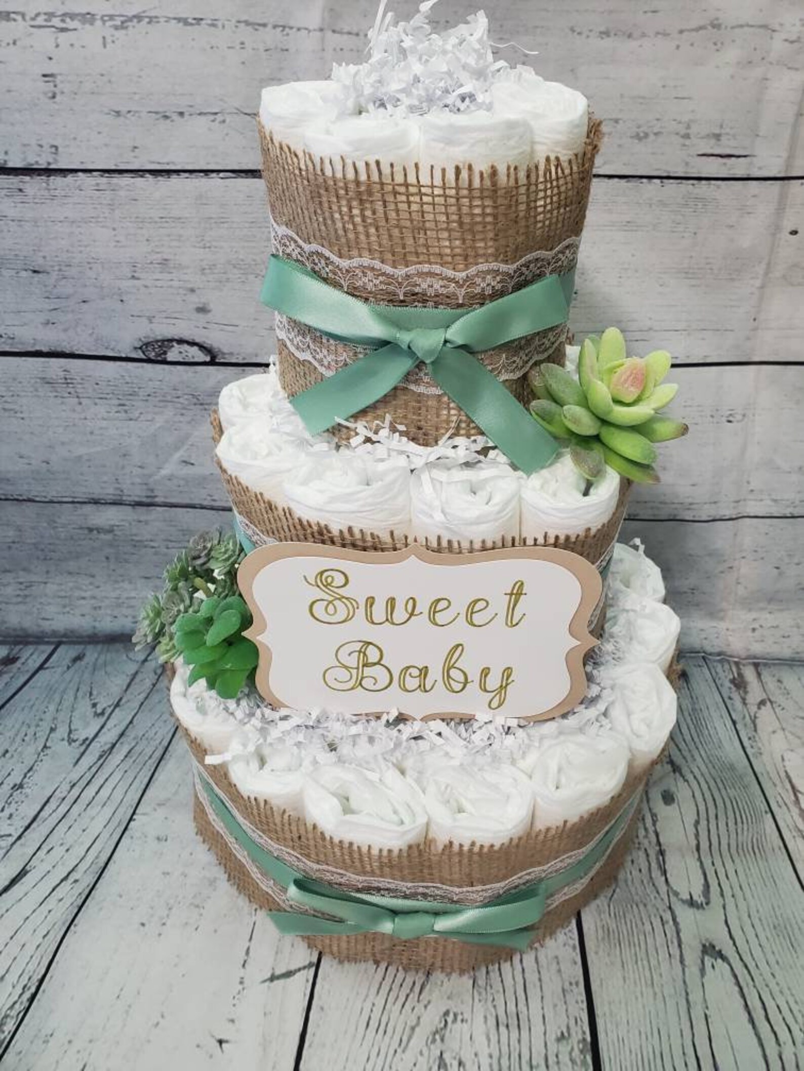 3 Tier Diaper Cake Succulent Theme Eucalyptus Green With - Etsy