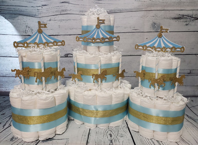 Carousel Diaper Cake Set: Pink, Blue, Gold Baby Shower Centerpiece - Etsy