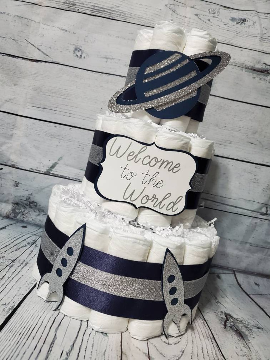 Outer Space Diaper Cake: Navy, Silver, and Burlap Baby Shower ...