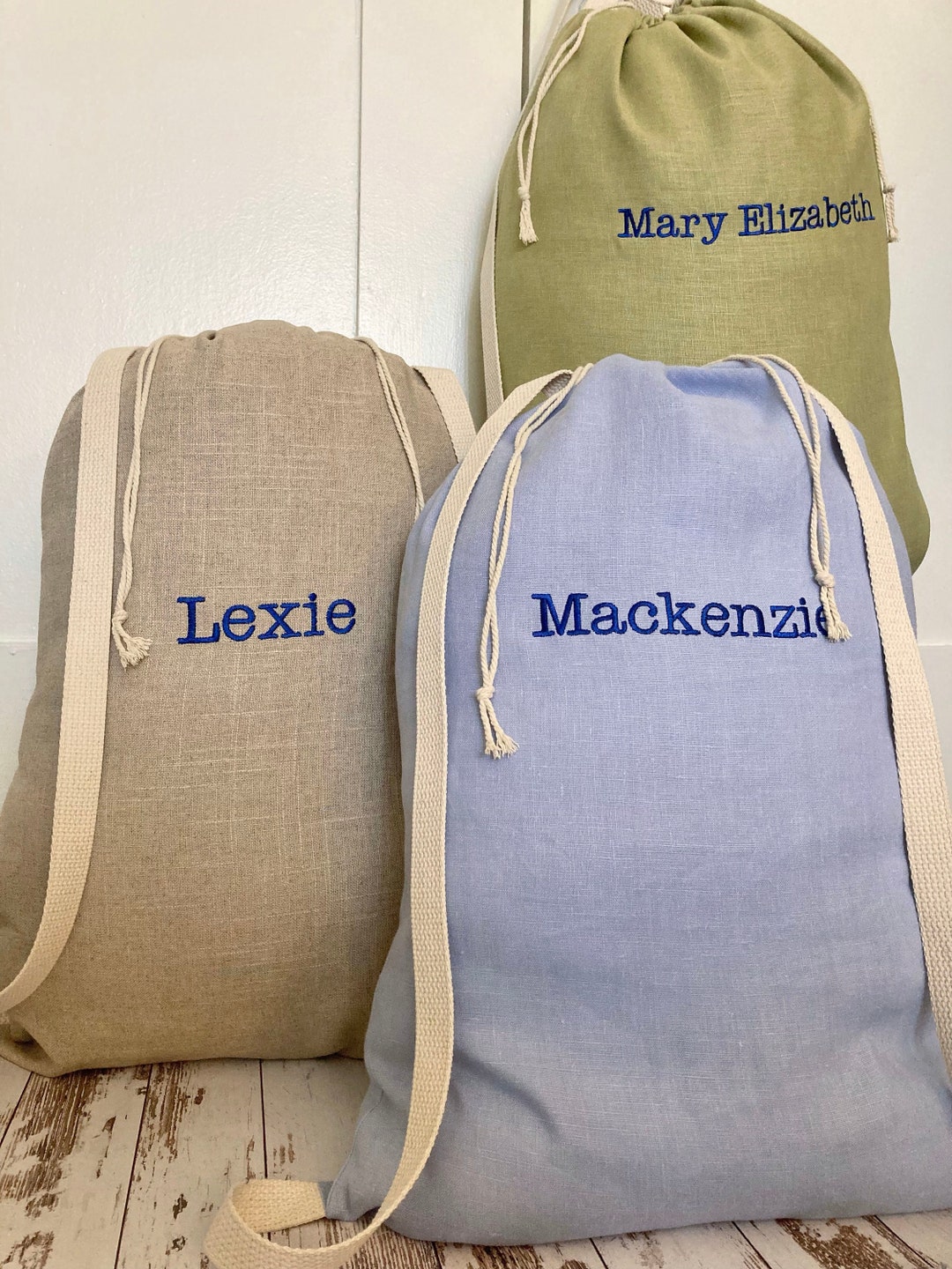 Monogram Laundry Bag Backpack, Custom Linen Laundry Bag With Straps ...