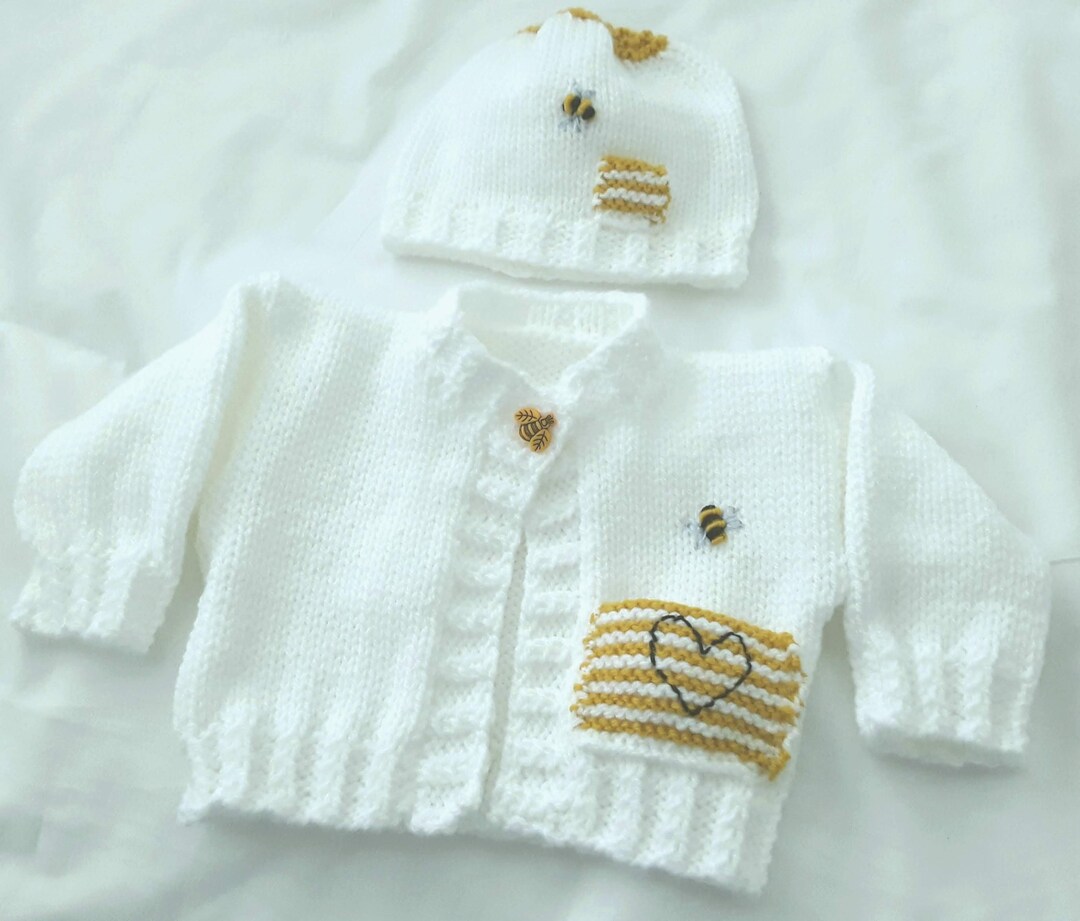 Hand Knitted Baby Honey Bee Cardigan With Matching Hat, Bumble Bee ...