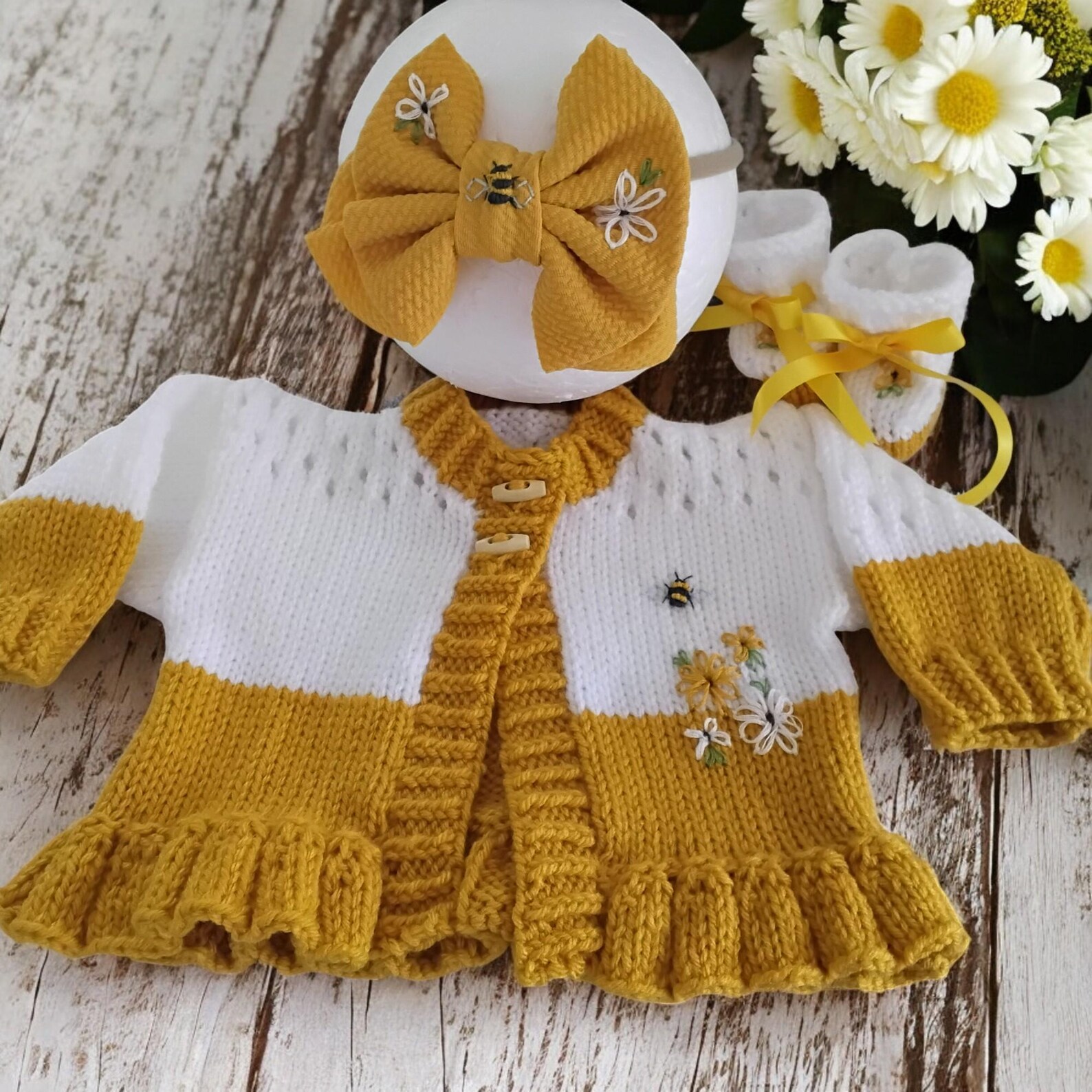 Hand Knitted Girls Cardigan Set With Bow Headband and Boots, Daisy and ...