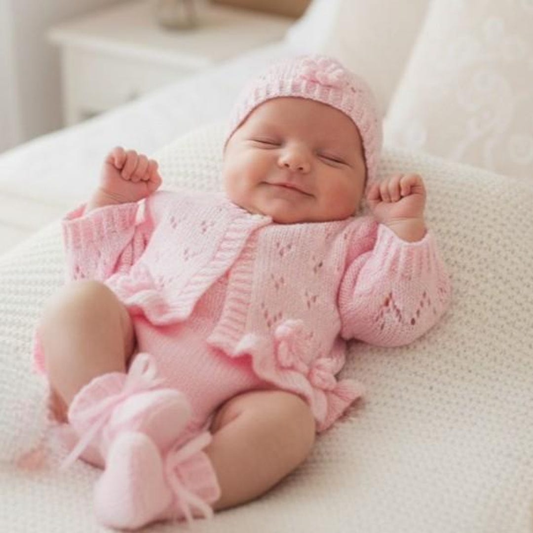Hand Knitted Baby Cardigan Set: Frilly Coming Home Outfit for Newborn ...