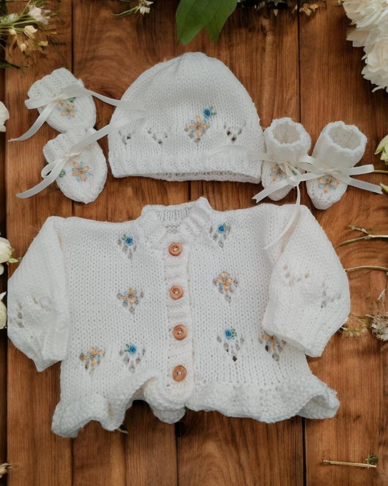 Hand-knitted Baby Cardigan With Floral Embroidery, Baby Shower Gift - Etsy