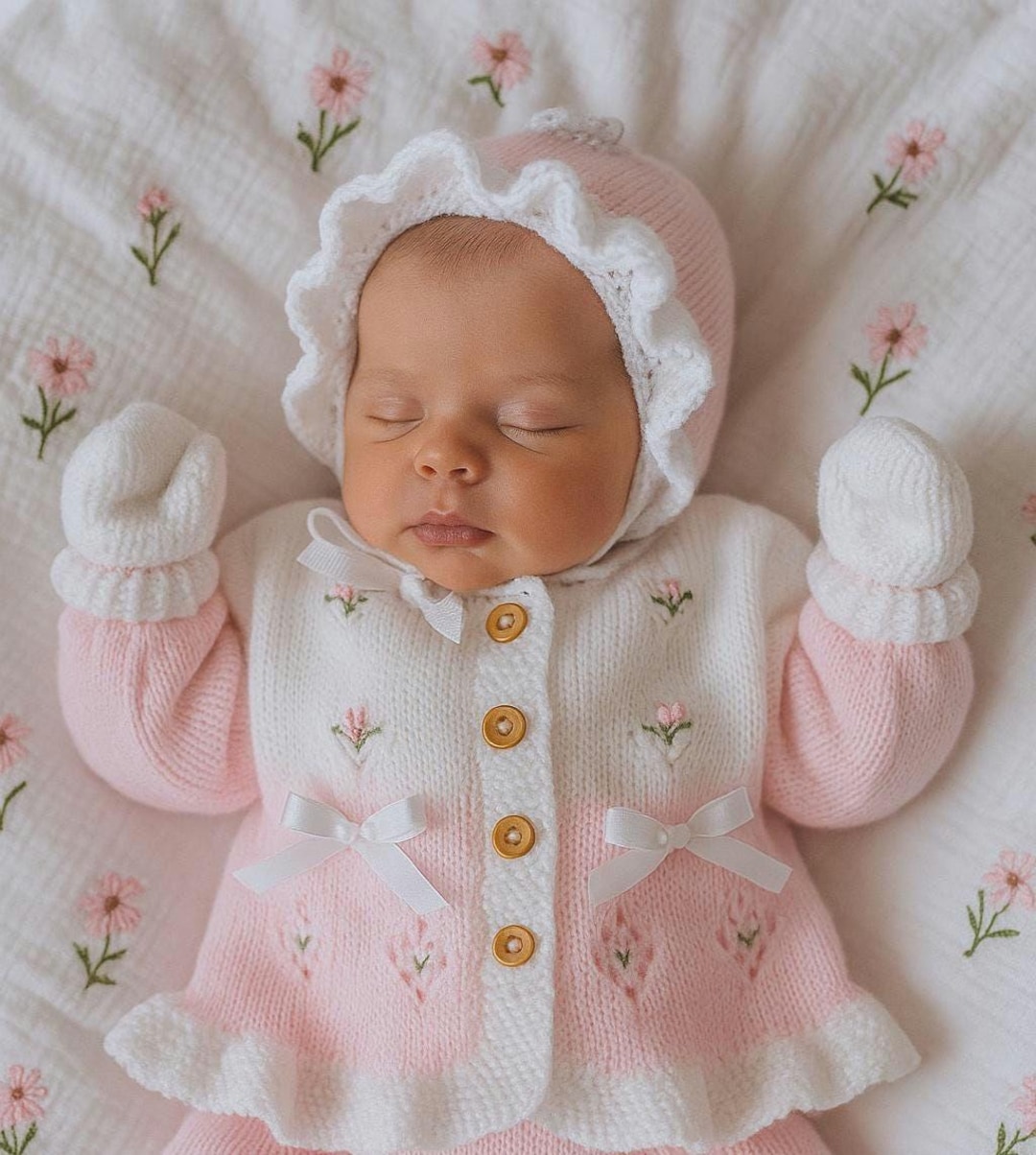 Hand-knitted Baby Girl Coming Home Outfit – Newborn Knit Set With ...