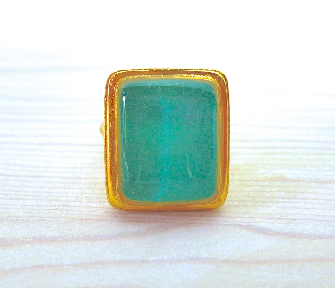 Square Turquoise Stone Ring: Enamel Resin, Brass or Sterling Silver ...