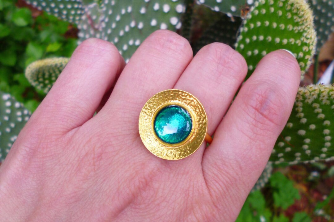 Gold Statement Big Circle Ring for Women, Teal Resin Stone Colorful ...