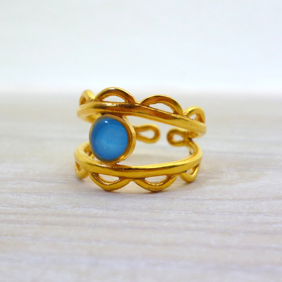 Sky Blue Gold Ring for Women, Blue Stone Ring, Wide Band, Enamel Ring ...
