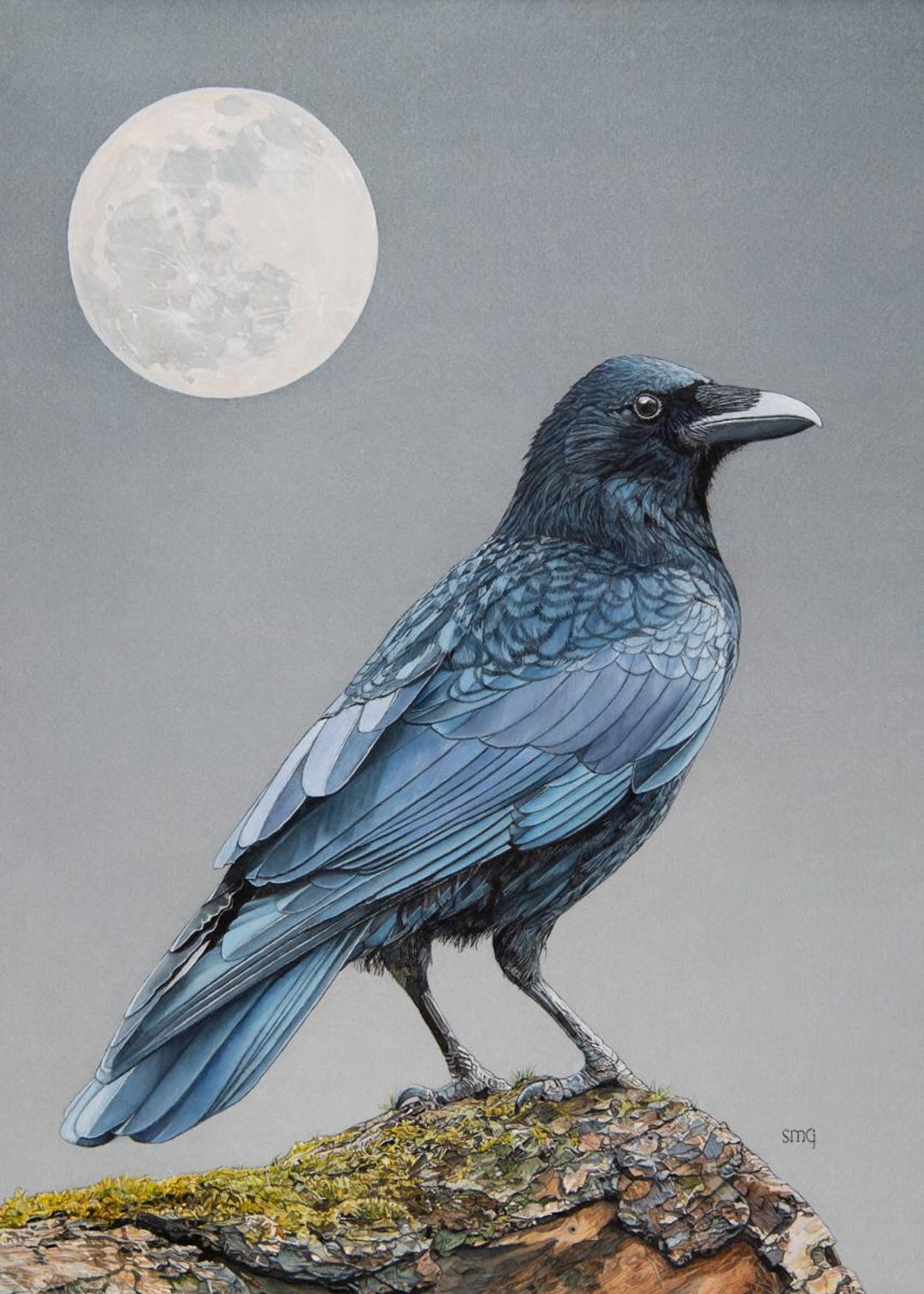 Magical Crow and Moon Watercolor, 5 X 7 Inch Print, Original Realistic ...