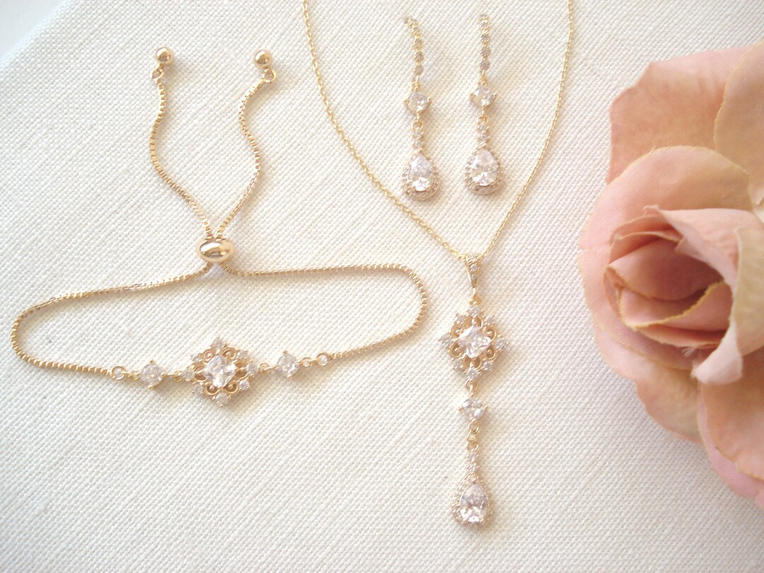 Romantic Bridal Jewelry Set...gold Teardrop CZ Necklace, Earrings and ...