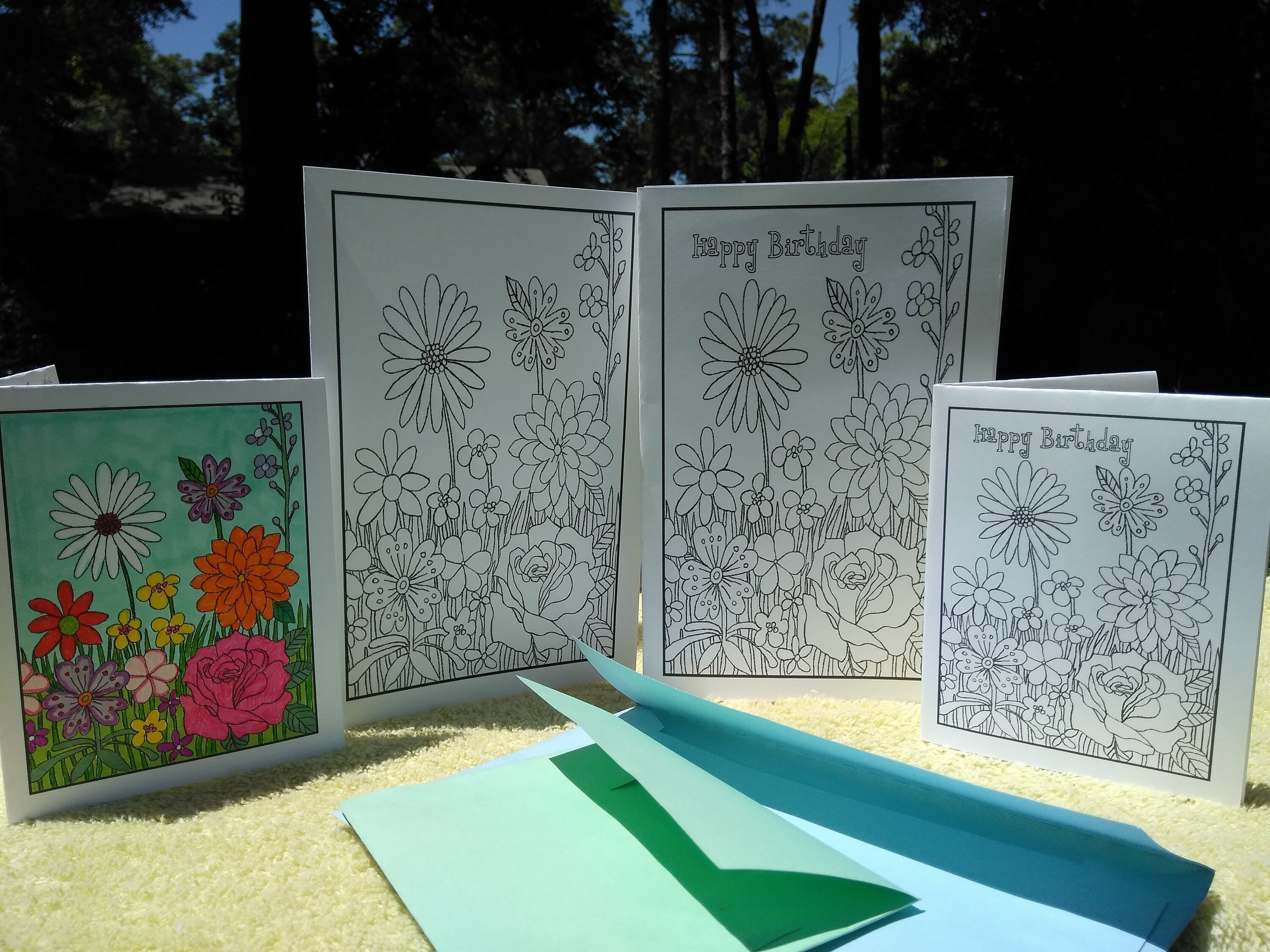 DIY Birthday Card, Flower Garden Card, Note Card, Coloring Page ...
