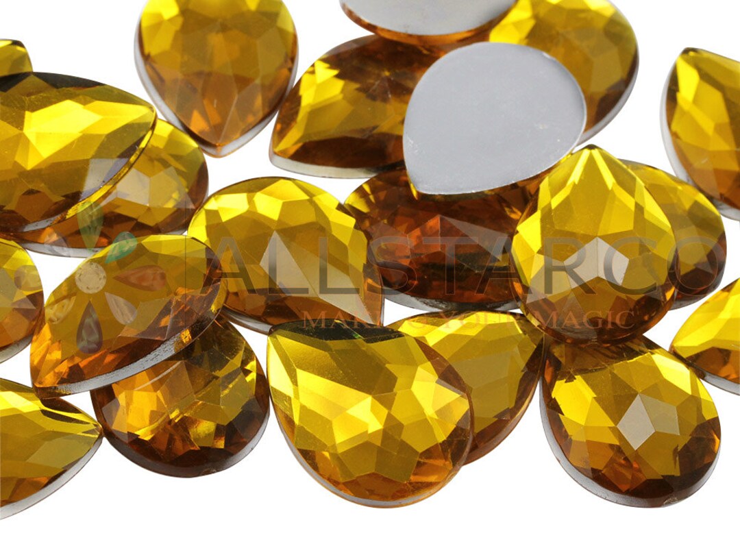 Gold Topaz Flat Back Teardrop Rhinestones Acrylic Jewels Plastic ...