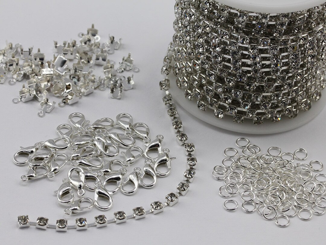 Silver Crystal Rhinestone Cup Chain Kit Over 10 Yards, Clasps, Ends and ...