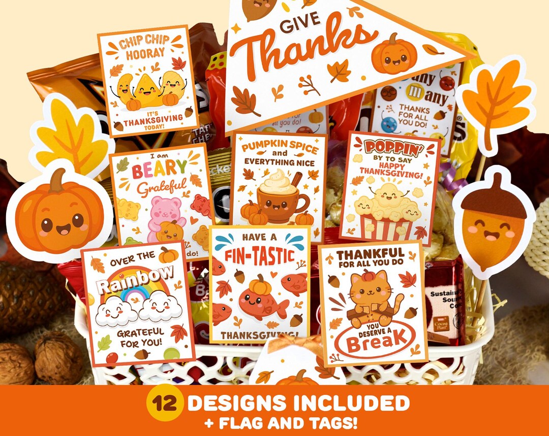 Printable Thanksgiving Treat Tags: DIY Gift Basket Candy Grams (PDF ...